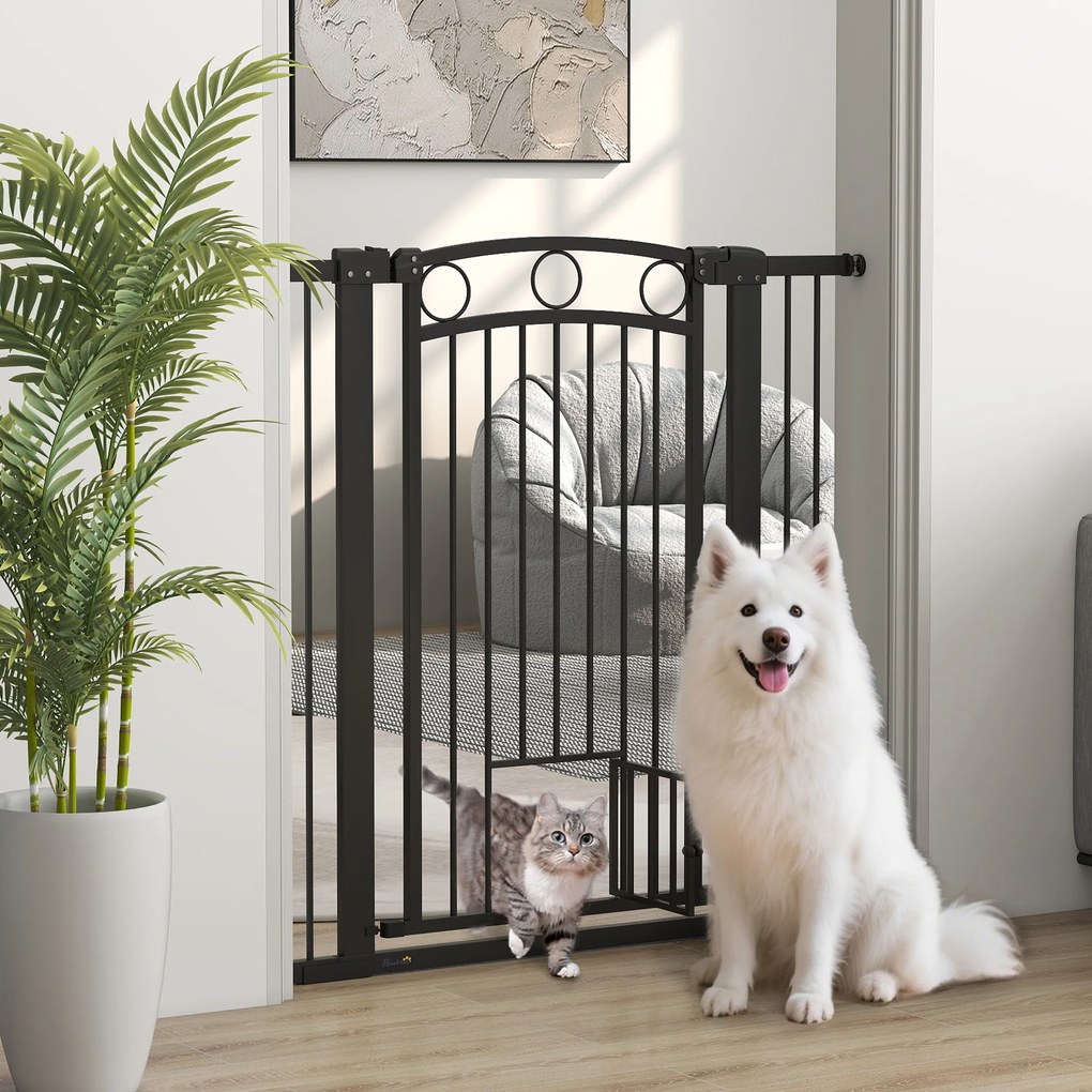 PawHut 106 cm vysoké mřížka pro domácí mazlíčky s nastavitelnou šířkou, integrovanými dvířky pro kočky, pro schody a dveřní rámy, černá