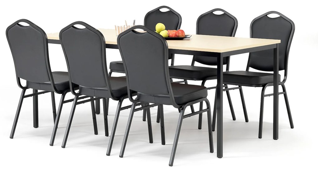 AJ Produkty Jídelní sestava JAMIE + CHICAGO, stůl 1800x800 mm, bříza + 6 židlí, černá/černá koženka