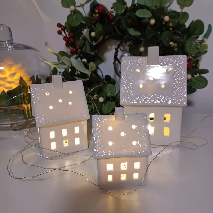 LED dekorace keramický domeček 7 × 6 × 10 cm, teple bílá, 2× LR44