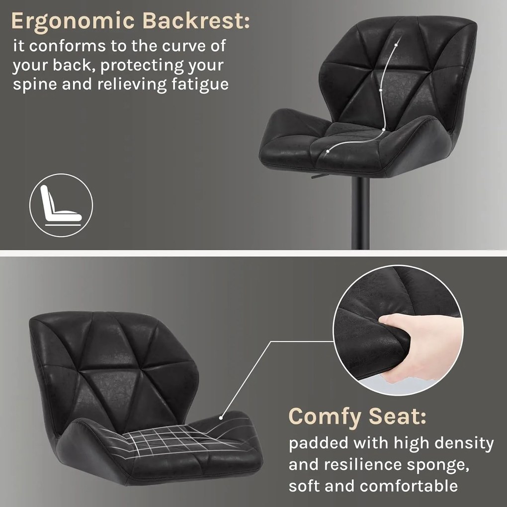 WOLTU Otočné výškově nastavitelné barové židle s opěrkou, z ekokůže – sada 2 ks, černé
