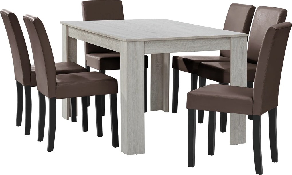 [en.casa] Jídelní set 1x jídelní stůl "Nora" HTFU-1403 dub bílý a 6x jídelní židle HTMY-9705 hnědá
