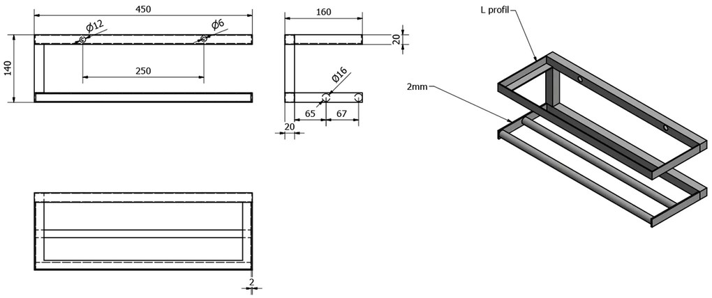 Sapho, SKA Nástěnná police, černá mat 450x140x160mm s bílou MDF policí, SKA401