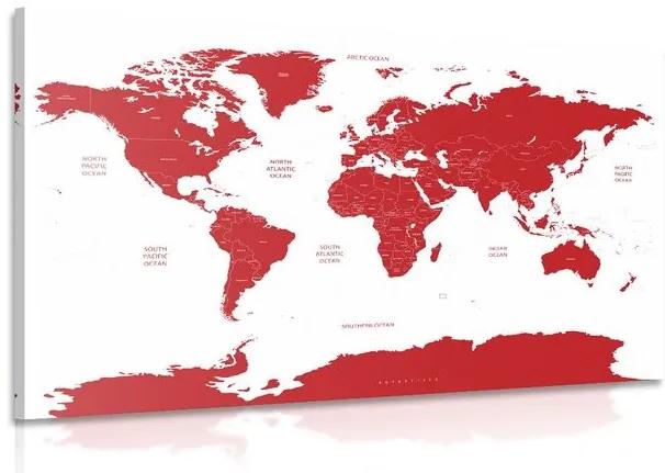 Obraz mapa světa s jednotlivými státy v červené barvě - 60x40 cm