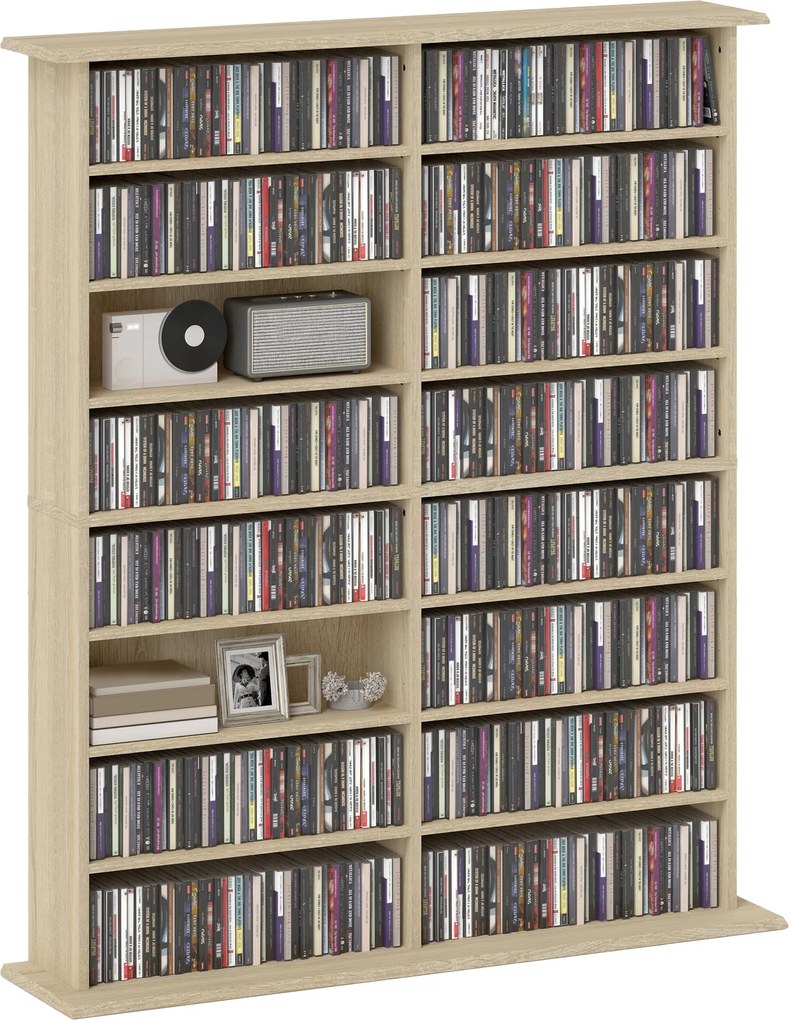 HOMCOM Úložný box na CD a DVD, multifunkční jednotka s 16 přihrádkami a 12 nastavitelnými policemi, max. kapacita 720 CD/396 DVD a Blu-ray, 106,5 x 24