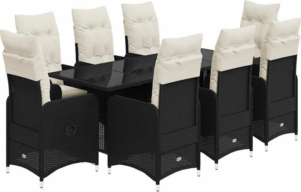 9dílný zahradní bistro set s poduškami černý polyratan 3276998