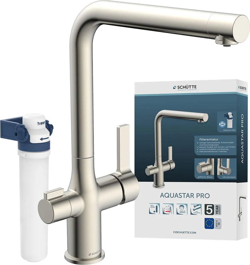Schütte Vodovodní baterie na pitnou vodu „Aquastar Pro“ s filtračním systémem proti usazeninám vodního kamene a těžkým kovům. (nerezová)