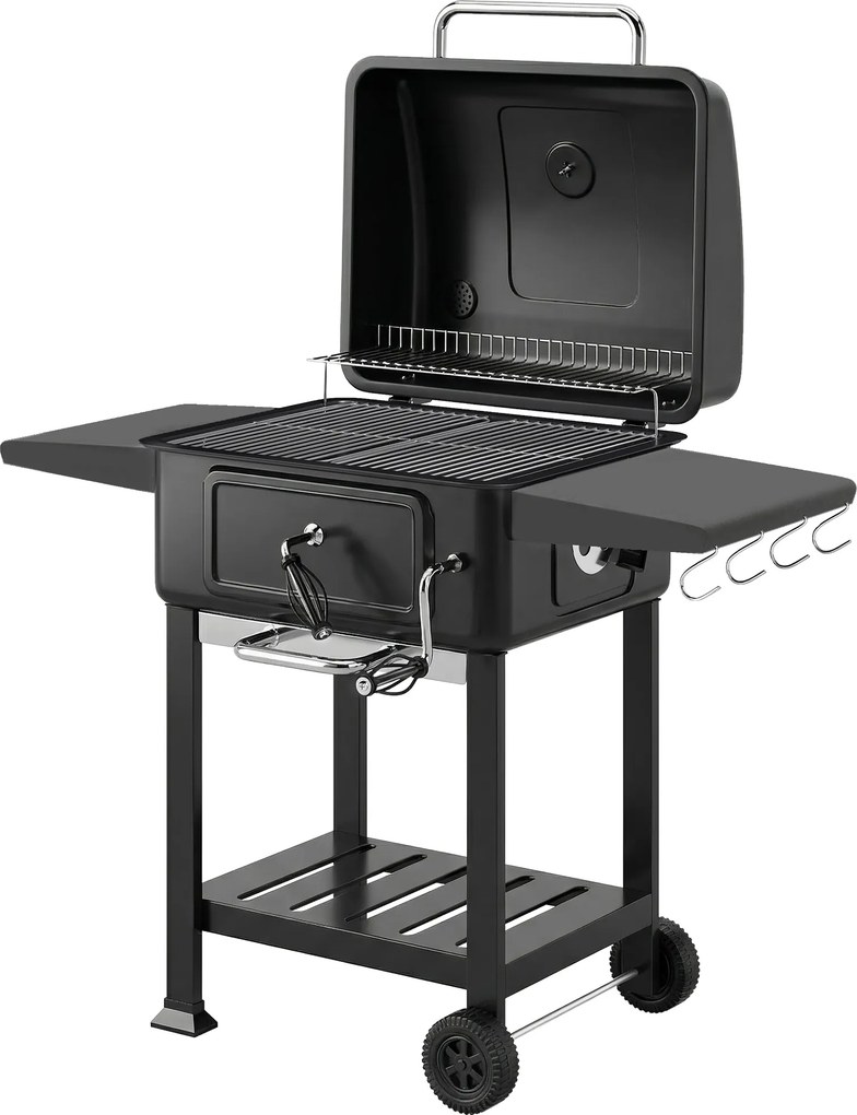 Outsunny Gril na dřevěné uhlí BBQ udírna s víkem Teploměr výškově nastavitelná pánev na dřevěné uhlí Komín Grilovací rošt Boční stolek Popelník