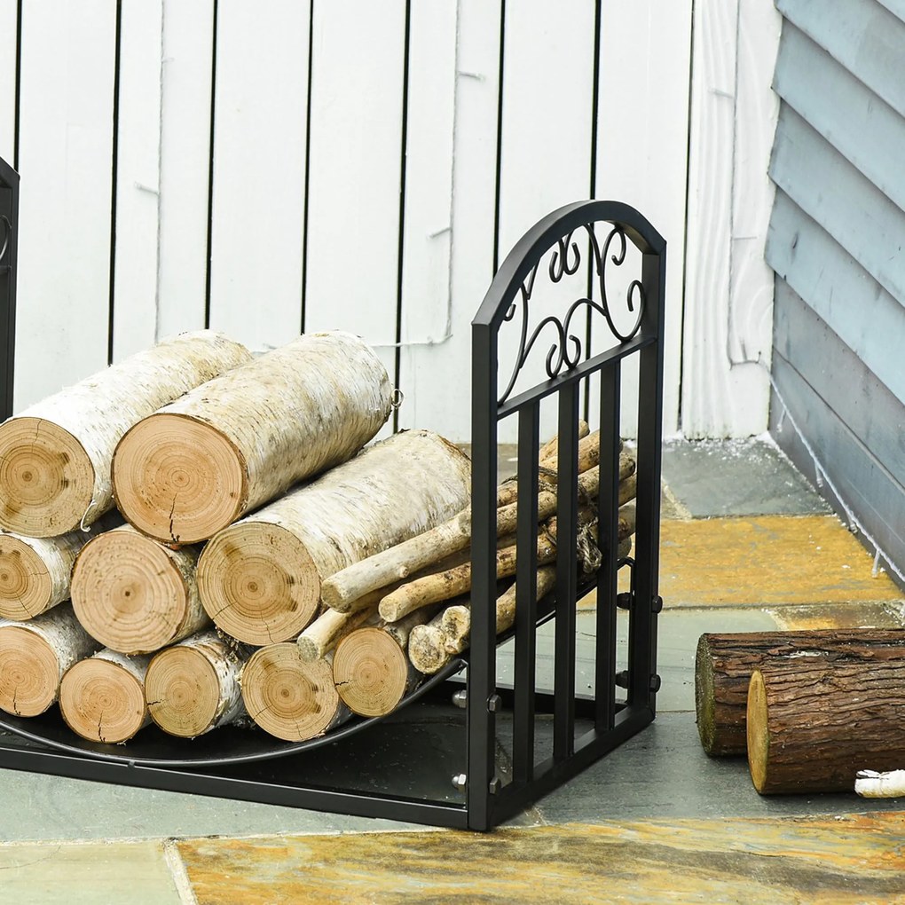 Krbový stojan na dřevo Outsunny s kapacitou 60 kg - Úložný stojan na dřevo - Krbový nástroj - Kovový černý 60,5 x 36 x 46,5 cm
