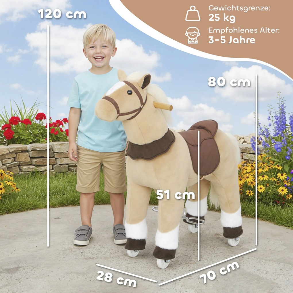 AIYAPLAY Jezdící kůň pro děti, látkový potah, stabilní rám, hladká kolečka, houpací kůň, 3-5 let, Hnědá