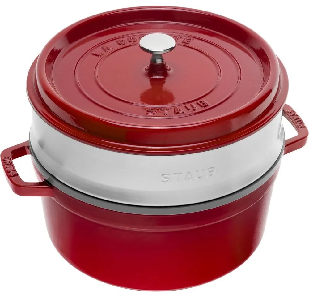 Hrnec STAUB kulatý 26cm červený s pařákem 5,2l