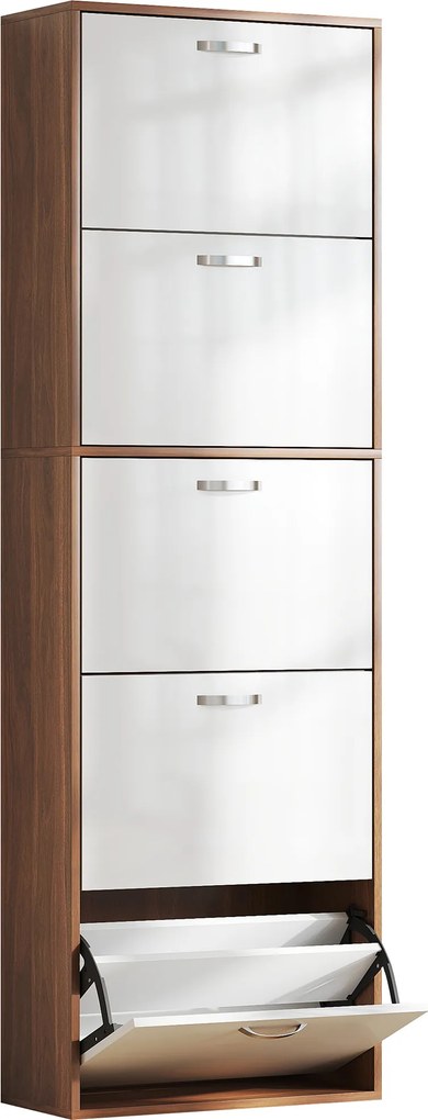 HOMCOM Úzký a úsporný obuvník na 5 pater pro maximálně 30 párů se 2 policemi na úroveň, MDF obuvník, 60x28x189 cm, bílá a hnědá