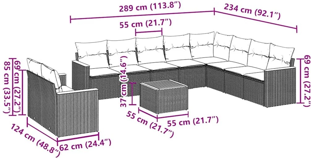 11dílná zahradní sedací souprava s poduškami černá polyratan 3258520