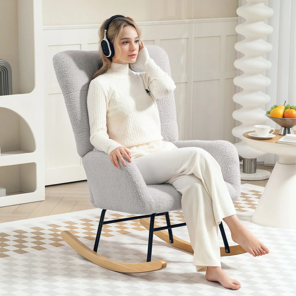HOMCOM Houpací Křeslo, Houpací Křeslo s Opěrkami, Vzhled Teddy Zamat, Relaxační Křeslo s Dřevěnými Kluzáky, Houpací Křeslo pro Kojící Matky do Ložnic…