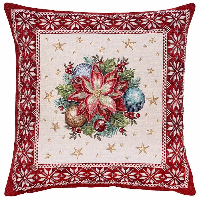 Gobelínový povlak na polštář - Vánoční hvězda s baňkami červený
