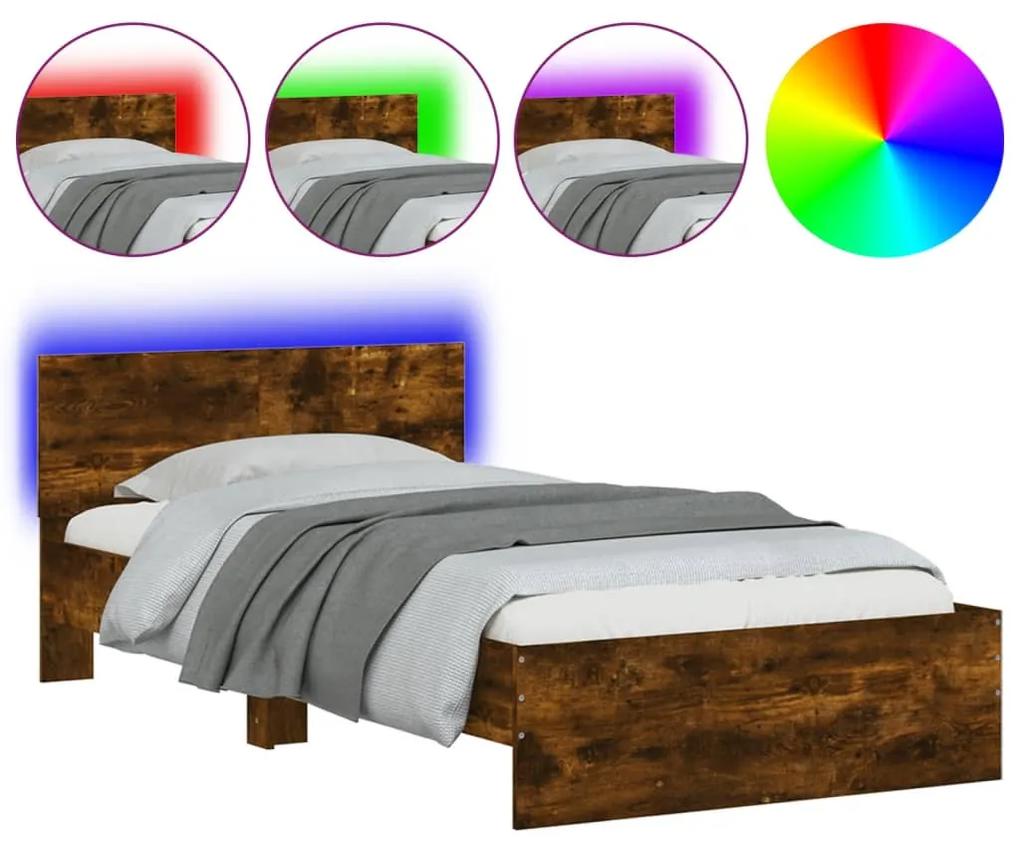 vidaXL Rám postele s čelem a LED osvětlením kouřový dub 100 x 200 cm