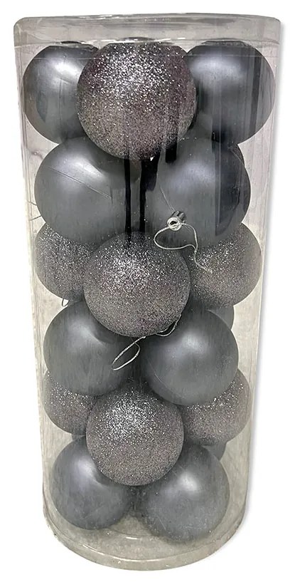 Sada vánočních ozdob tmavě stříbrná 6 cm plastové baňky, 12×  glitter, 12× mat, balení 24 ks