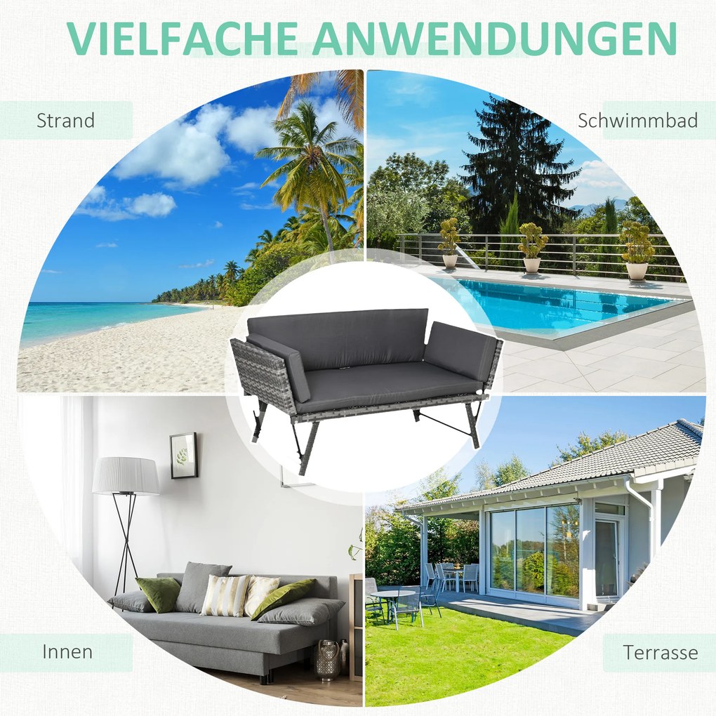Outsunny polyratanová zahradní pohovka 2místná lounge pohovka šedá se sklopnými područkami ocel 129x63x67cm na zahradní terasu | Aosom.de