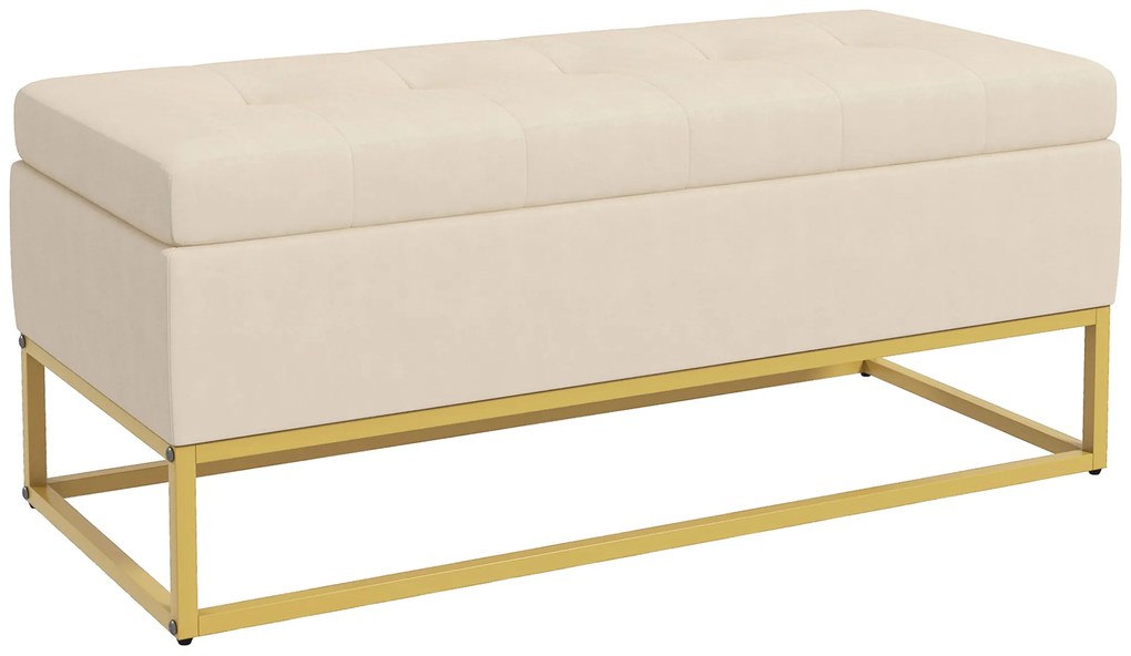 HOMCOM Lavice s úložným prostorem Čalouněná lavice s výklopným víkem v béžovém sametovém vzhledu Lavice s ocelovými nohami 110x44x49 cm do předsíně o…