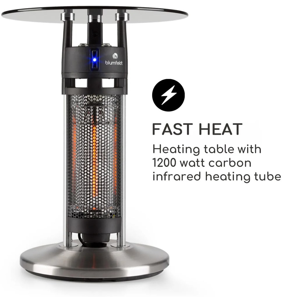 Blumfeldt Primal Heat 65, infračervený ohřívač, bistro stůl, 1200 W, uhlíkové výhřevné těleso, LED, 65 cm, sklo