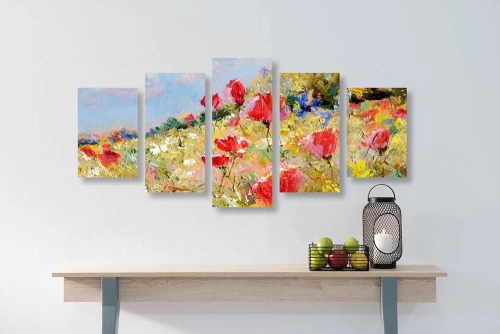 5-dílný obraz malované máky na louce - 200x100 cm