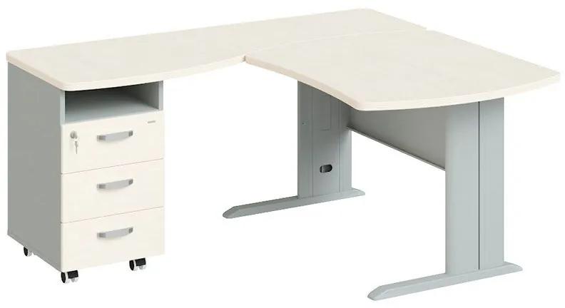 Lenza Rohový kancelářský psací stůl BERN s kontejnerem, kovová podnož, 2000 x 1600 mm, levý, bříza