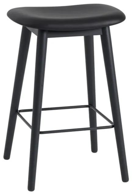 Muuto Barová stolička Fiber s dřevěnou podnoží, kůže/black