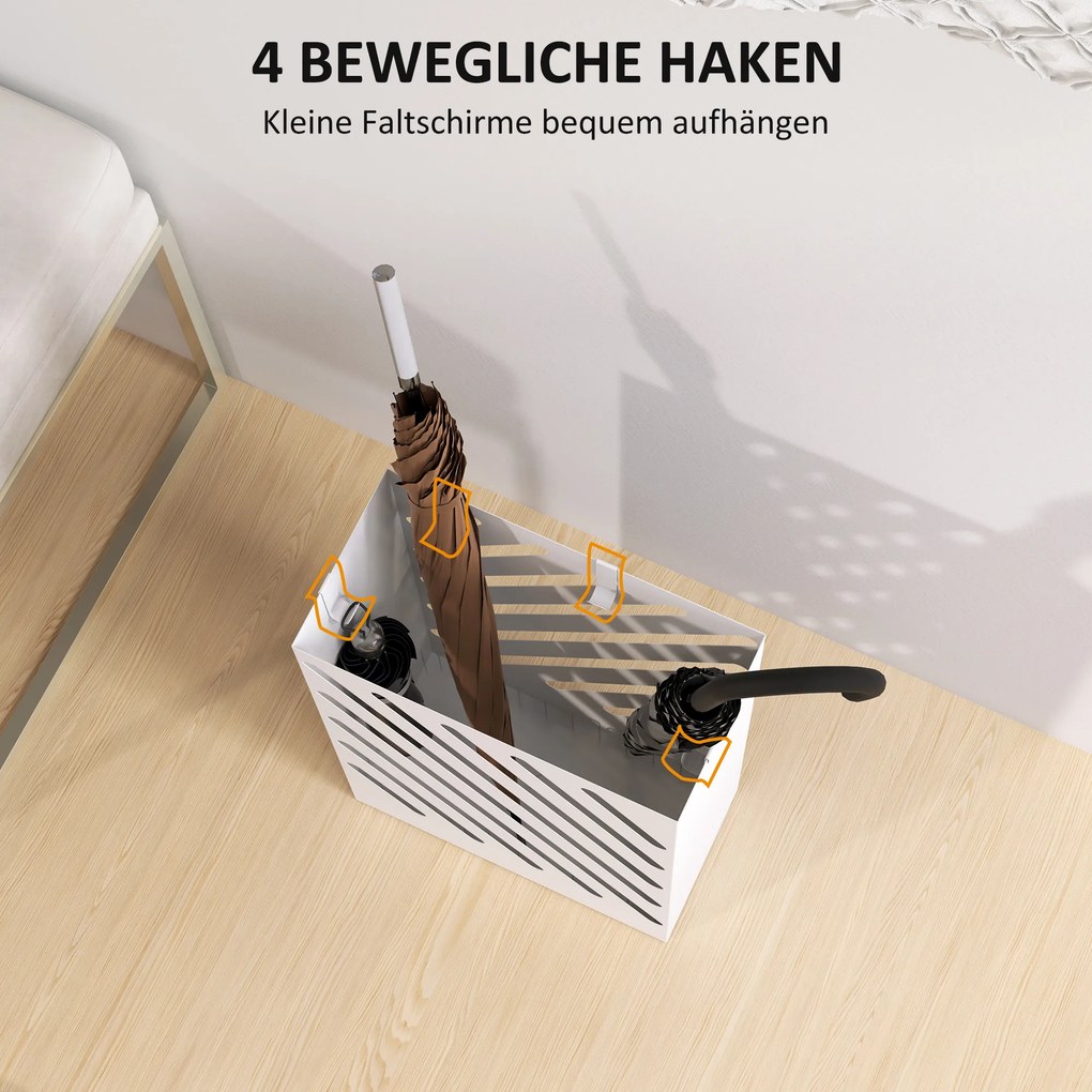 HOMCOM Stojan na deštníky s odkapávací miskou, 4 háčky, ocel, 28L x 14W x 41H cm, bílý