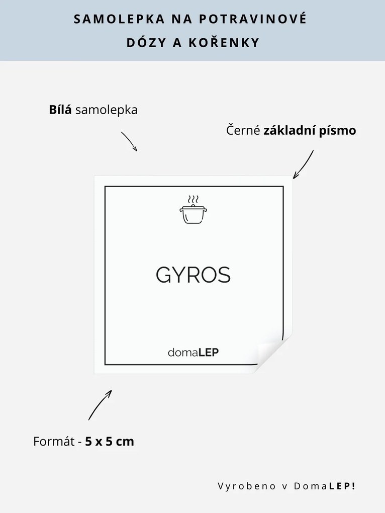 Samolepka na kořenky GYROS bílá 5 × 5 cm základní písmo