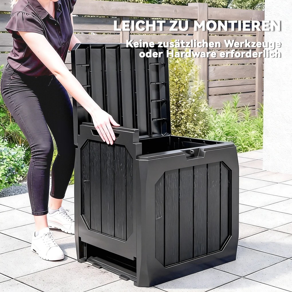 plastový zahradní úložný box o objemu 121 l, venkovní úložný box s uchy, černý