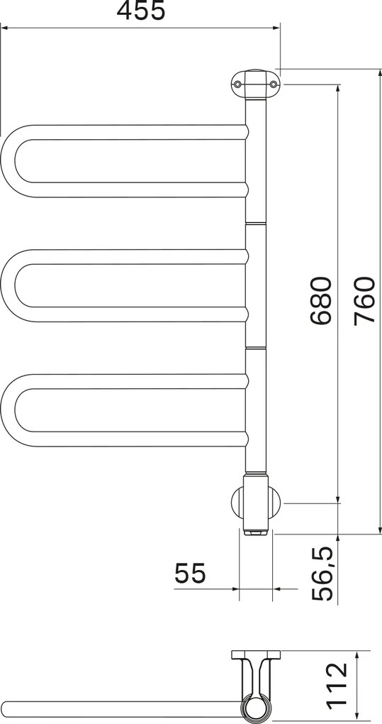 Elektrický sušák na ručníky – nerezový a černý koupelnový žebřík - 3 otočná oblouková ramena (PAX FLEX U) Barva: Černá, Šířka: 655 mm, Varianta el. ž…