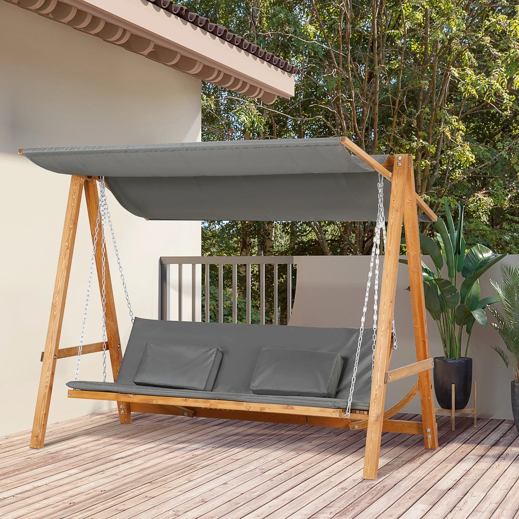 Outsunny Hollywoodská houpačka pro 3 osoby s funkcí lůžka, zahradní houpačka se stříškou, borovicové dřevo v šedé barvě a teak, 225,5x113x180cm