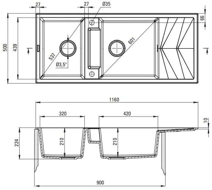 Deante Magnetic, 2-komorový granitový dřez s odkapávačem 1160x500x224 mm, černá matná, DEA-ZRM_N213