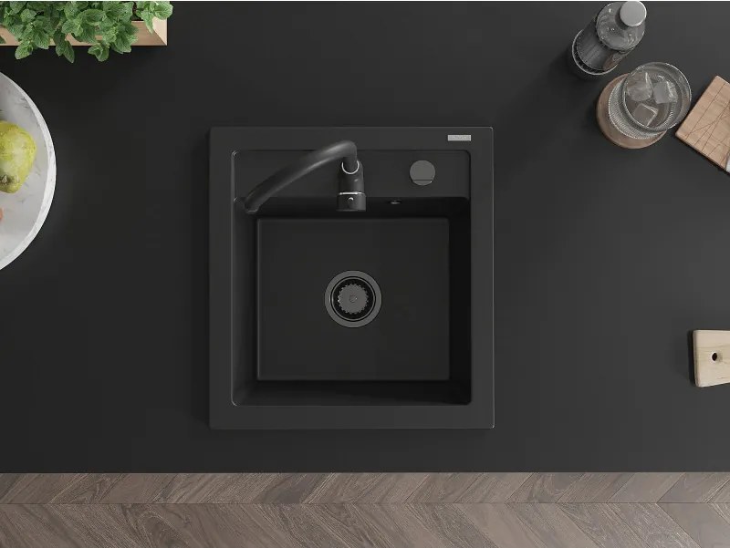 Mexen Vito, granitový dřez 520x490x210 mm, 1-komorový, černá s černým sifonem, 6503521000-77-B