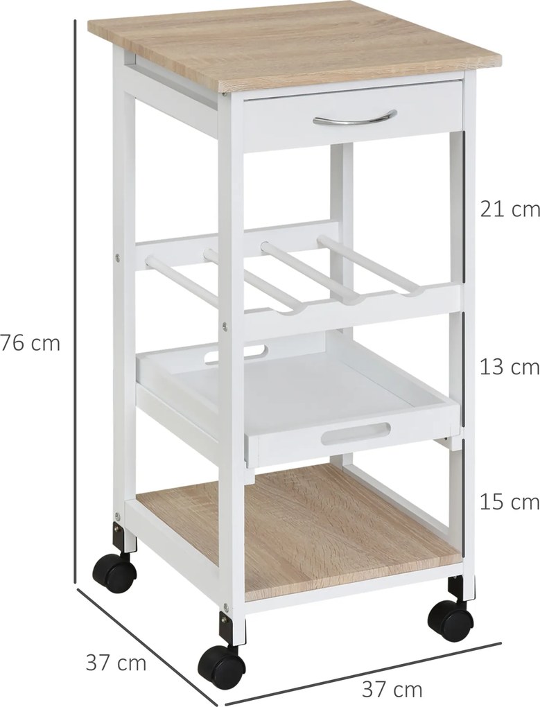 HOMCOM Kuchyňský vozík 4-patrový s kolečky a zásuvkami, regály a stojanem na víno pro kuchyň, obývací pokoj nebo jídelnu 37x37x76 cm Bílý