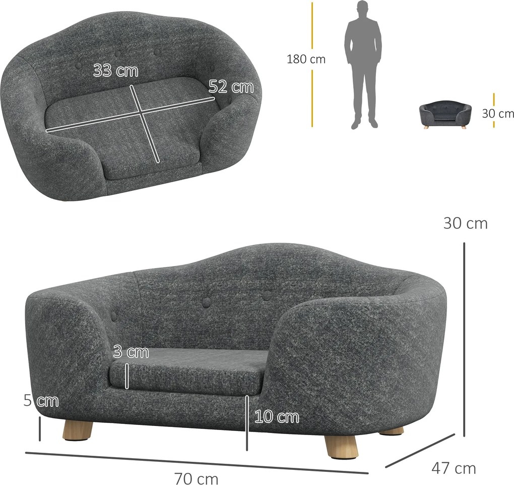 PawHut Psí Pohovka, Matrace pro psy, Psí Postel, Kočičí Pohovka s Polštářem, Zádovým Kapsou, Plyšová Pěna, Borovicové Dřevo, Tmavě Šedá 70 x 47 x 30 …