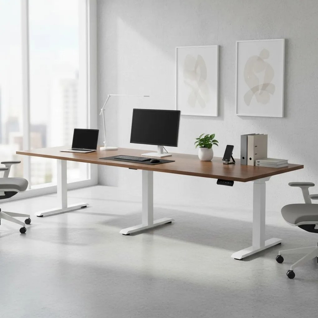 Výškově nastavitelný stůl OfficeTech Long, 260 x 80 cm, bílá podnož, dub silverjack