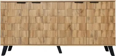 Aosom Moderní komoda se 4 dveřmi, geometrický vzor dřeva, velký úložný prostor, 160,5 x 35,5 x 78 cm, přírodní barva