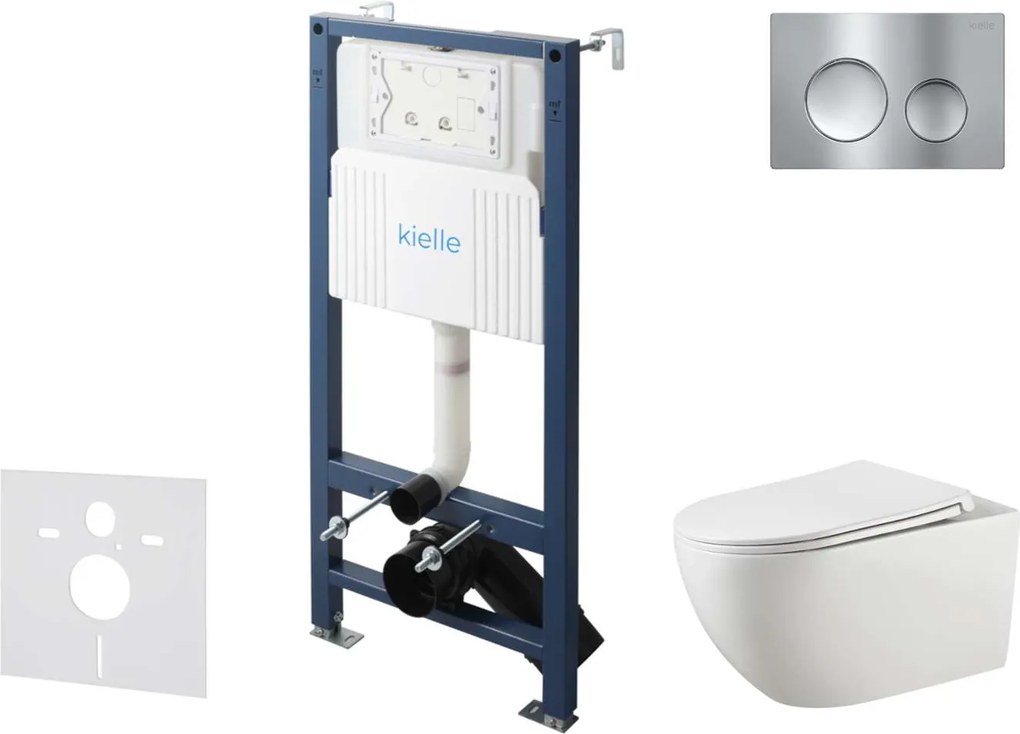 kielle Genesis New - Set předstěnové instalace, klozetu Gaia, Rimless, sedátka softclose a tlačítka Gemini New I, lesklý chrom 30528SS11