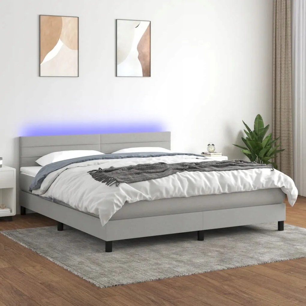 Box Spring Postel S Matrací A Led Textil Světle Šedá vodorovné pruhy 160