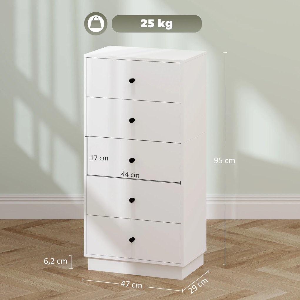 HOMCOM Komoda se 5 zásuvkami, dřevěný úložný kabinet v moderním stylu, 47 x 29 x 95 cm, bílá