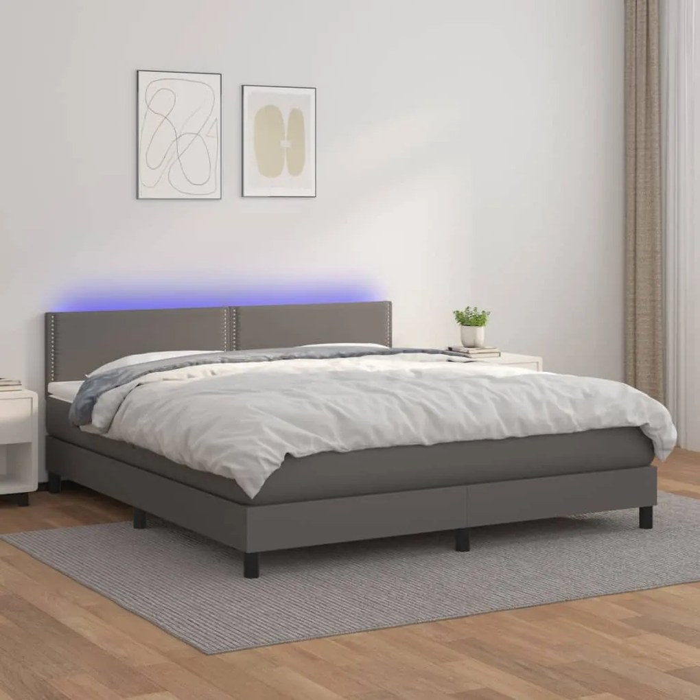 Box spring postel s matrací a LED šedá 180x200 cm umělá kůže