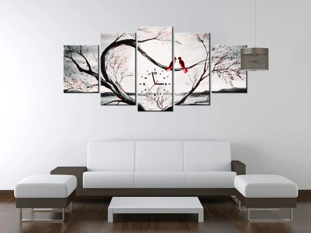 Gario Obraz s hodinami Ptačí láska - 5 dílný Rozměry: 150 x 105 cm
