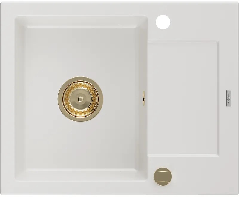 Mexen Enzo, granitový dřez 576x465x174 mm, 1-komorový, bílá se zlatým sifonem, 6506571005-20-G