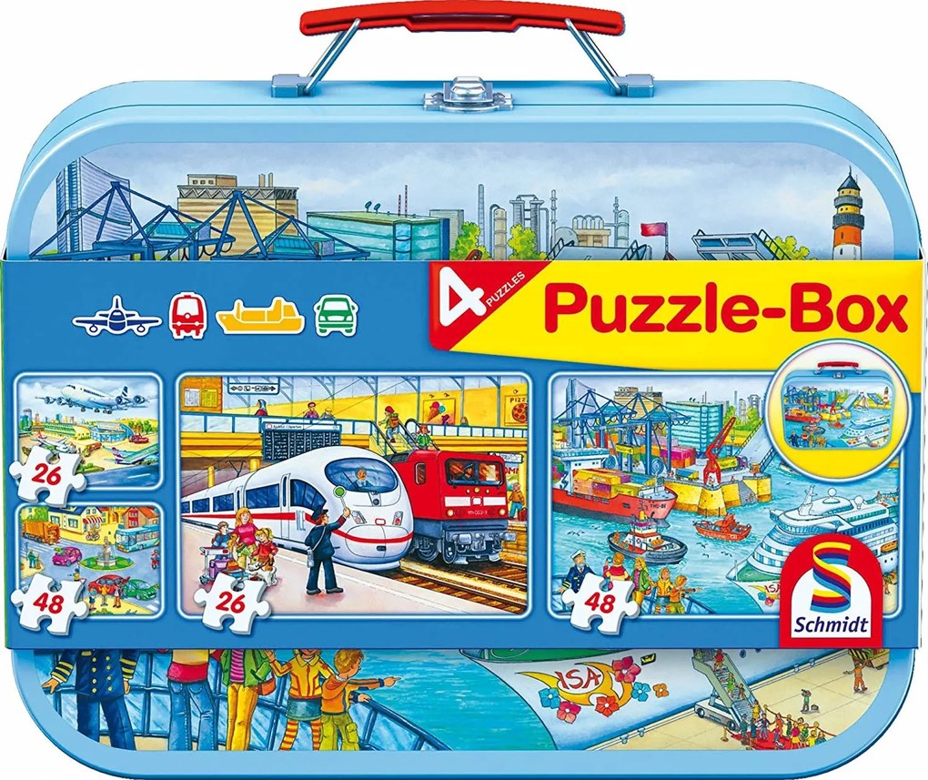 Puzzle schmidt puzzle doprava 4v1 v plechovém kufříku (26,26,48,48 dílků)