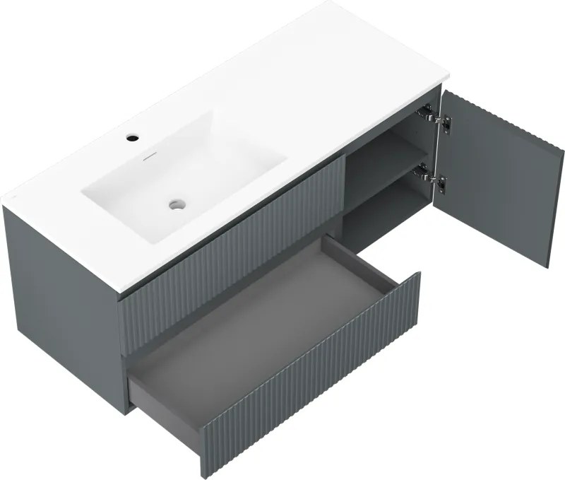 Mexen Rivel, koupelnová skříňka 120 cm s levým umyvadlem Otis, 2S, 1D, drážkovaná, grafitová/bílá matná, 91A23-12047-3-BBFFF66-W18L01