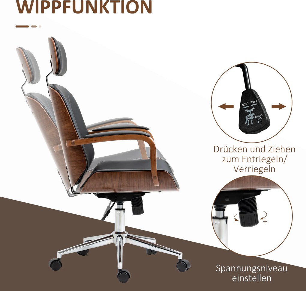 Ergonomická kancelářská židle Vinsetto s otočnou deskou a PU koženým potahem, s odnímatelným opěradlem, nastavitelnou výškou a naklápěcí funkcí 63x62…
