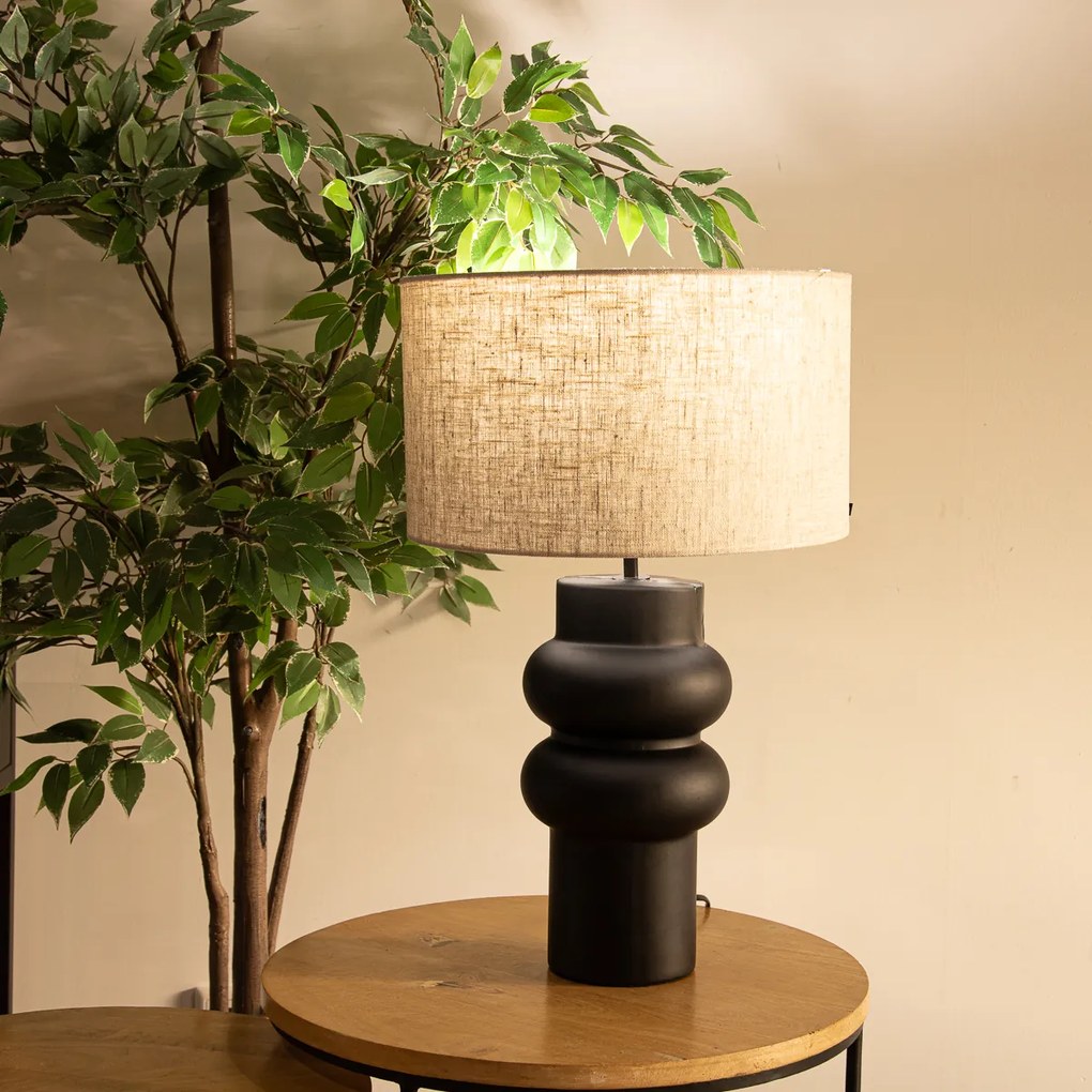 Designová stolní lampa černá s tkaným stínítkem světle šedá 35 cm - Alisia