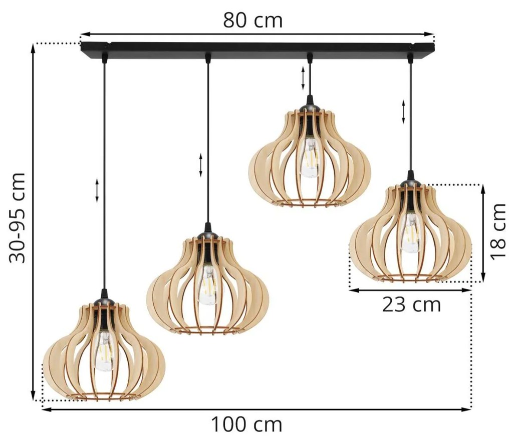 Závěsné svítidlo TIMBER 3, 4x dřevěné stínítko