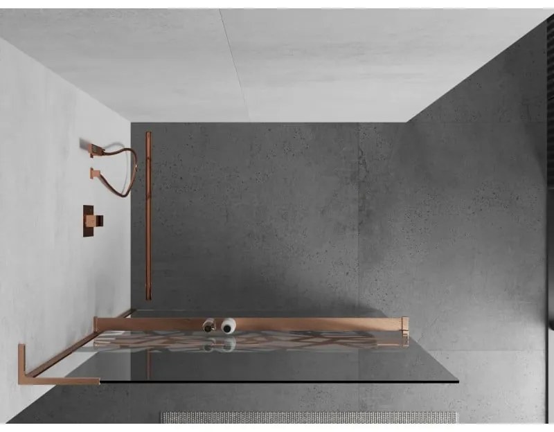 Mexen Kioto+ L, sprchová zástěna Walk-In s poličkou a věšákem 120 x 200 cm, 8mm čiré sklo bílý vzor, měděný matný profil, 800-120-123-65-85