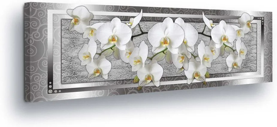 GLIX Obraz na plátně - Bílá Květinová Dekorace ve Stříbrném Podkladu 45x145 cm